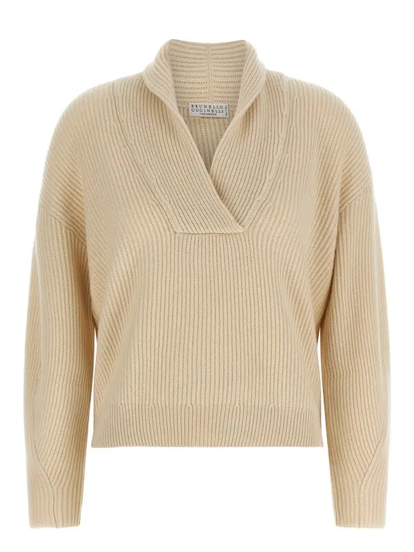 Brunello Cucinelli Shawl Neck Ribbed Sweater - Cream