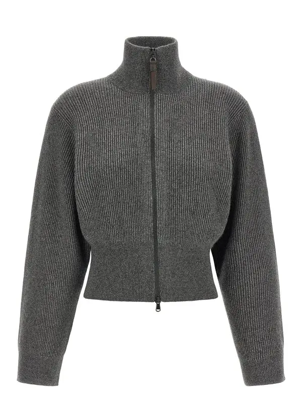 Brunello Cucinelli Ribbed Cardigan With Leather Detail - Gray