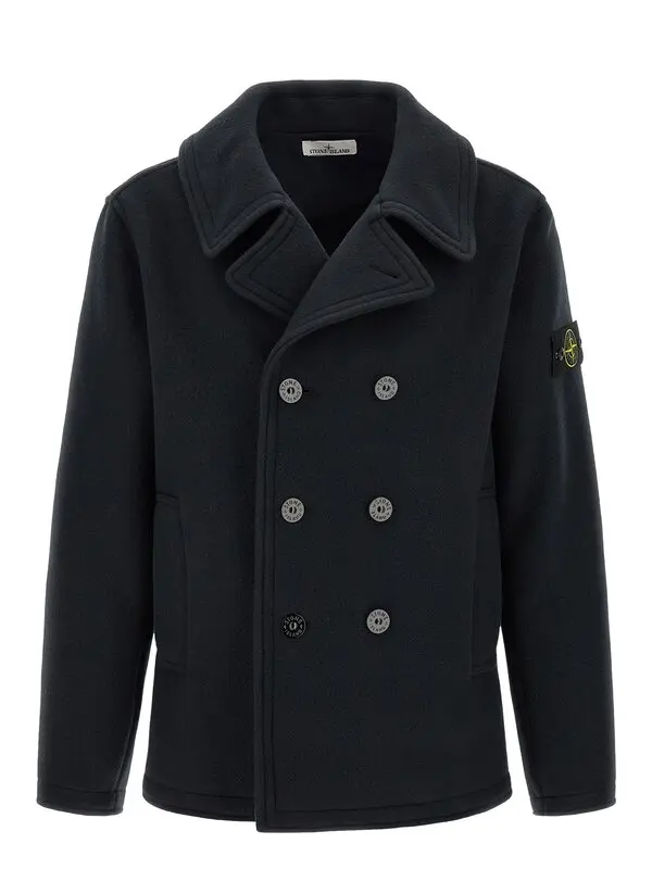 Stone Island Double-breasted Coat With Logo Badge - Blue