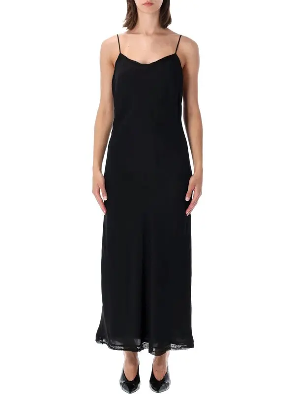 TOTEME Minimal Silk Slip Dress With Tulle Trim, Straight Neckline & Long Fluid Silhouette - Nero