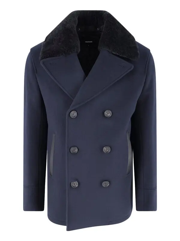 Mackage Double-breasted Wool Peacoat With Shearling Collar - Blue