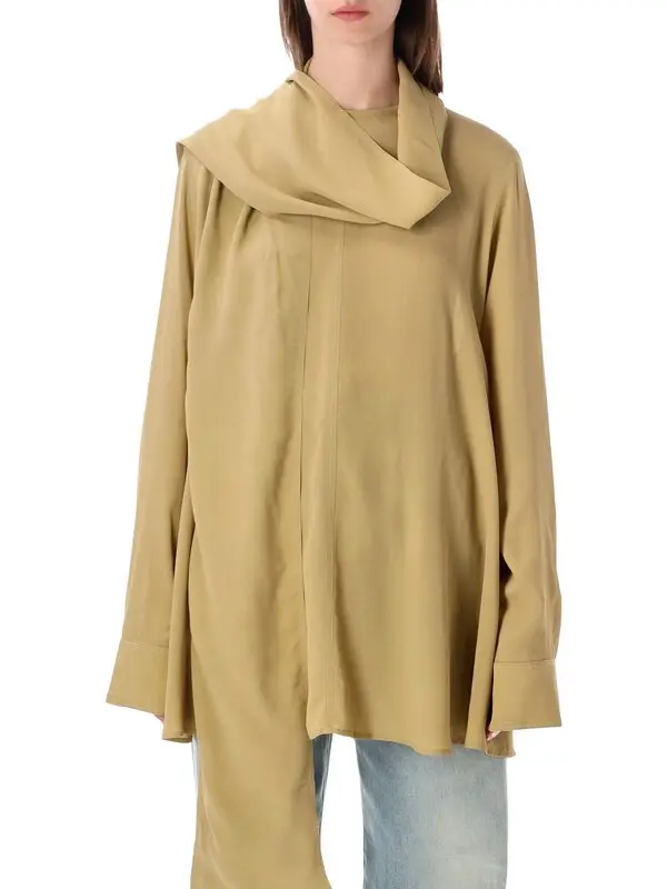 TOTEME Draped Scarf Blouse With Fluid Georgette Volume Sleeves - Desert