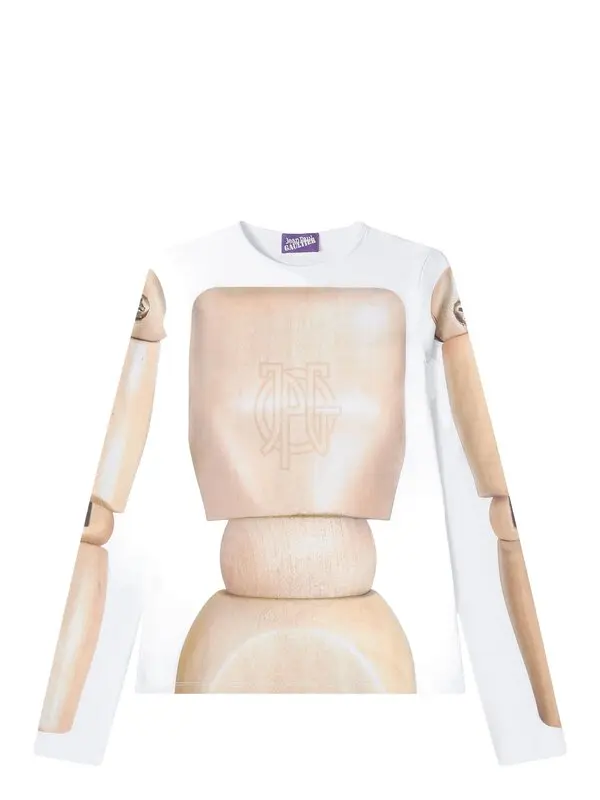JEAN PAUL GAULTIER Jersey Lycra Long Sleeves Crew Neck Printed "wooden Body" 'beige/white - Tan