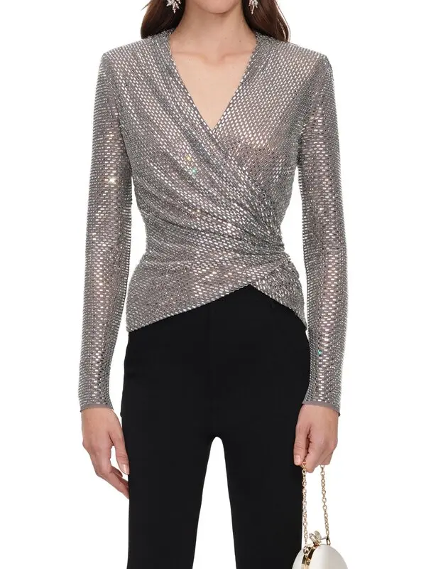 SELF-PORTRAIT Rhinestone Mesh Wrap Top - Multicolor