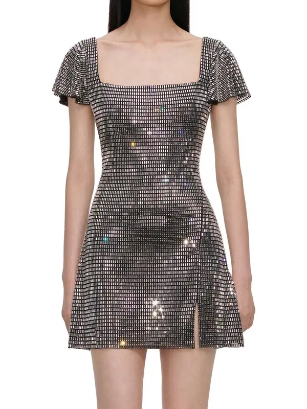 SELF-PORTRAIT Grey Rhinestone Mesh Mini Dress - Multicolor