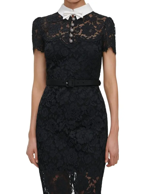 SELF-PORTRAIT Black Lace Contrast Collar Midi Dress - Multicolor