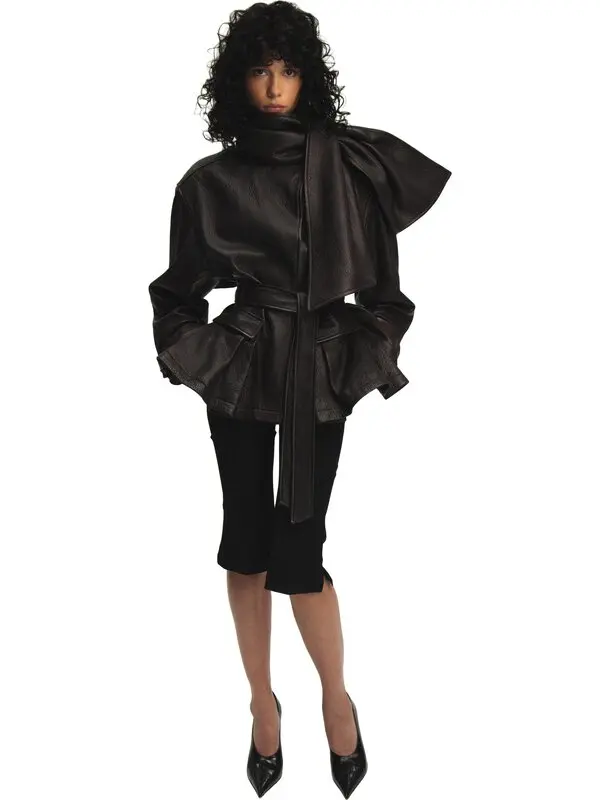 Arakii Belted Leather Jacket - Dark Brown