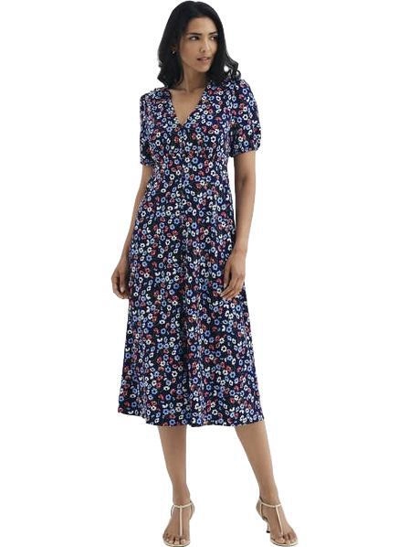 FINERY LONDON Robyn Button Through Midi Dress - Navy Daisy