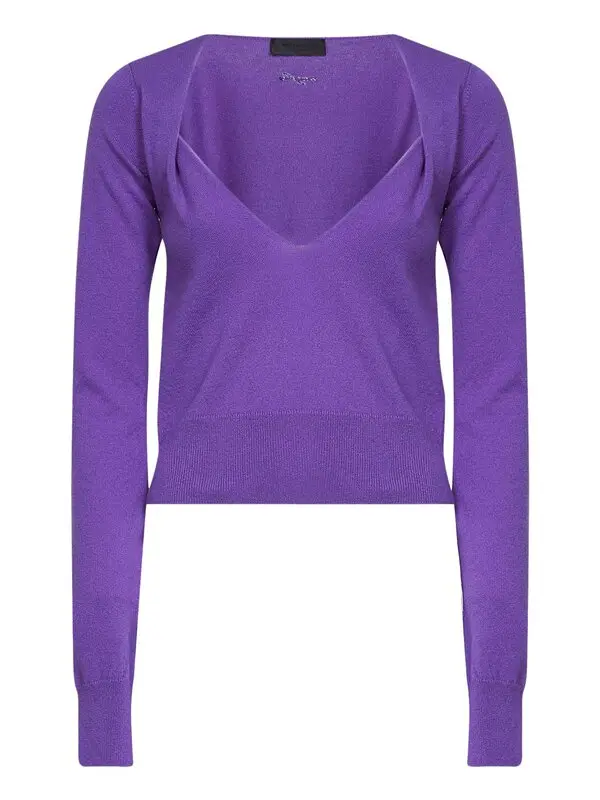 MUGLER Purple Cashmere Knit V-neck Top - Multicolor