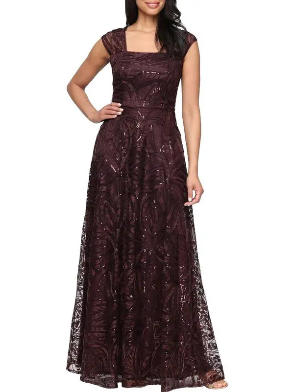 Alex Evenings Sequin Embroidered Gown - Maroon