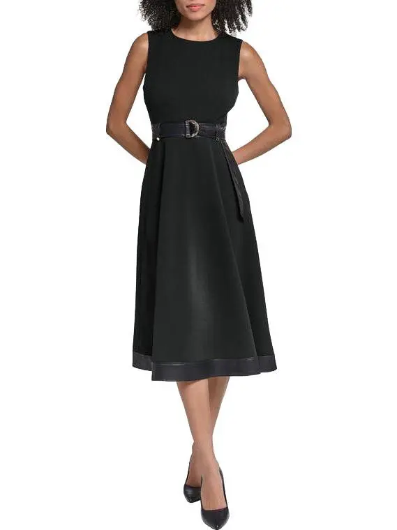 Karl Lagerfeld Paris Belted Sleeveless Scuba Crepe Midi Dress - Black