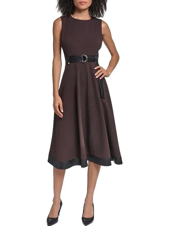 Karl Lagerfeld Paris Belted Sleeveless Scuba Crepe Midi Dress - Espresso/black