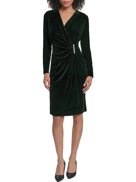 Karl Lagerfeld Paris Faux Pearl Detail Long Sleeve Stretch Velvet Faux Wrap Dress - Black