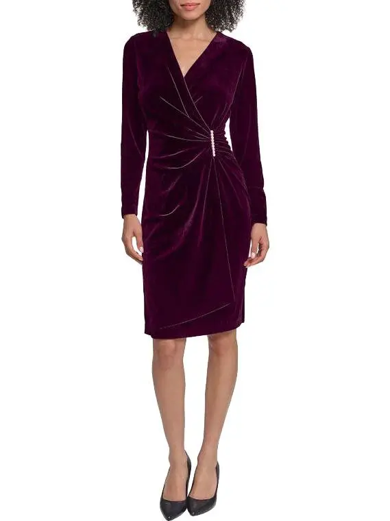Karl Lagerfeld Paris Faux Pearl Detail Long Sleeve Stretch Velvet Faux Wrap Dress - Fig