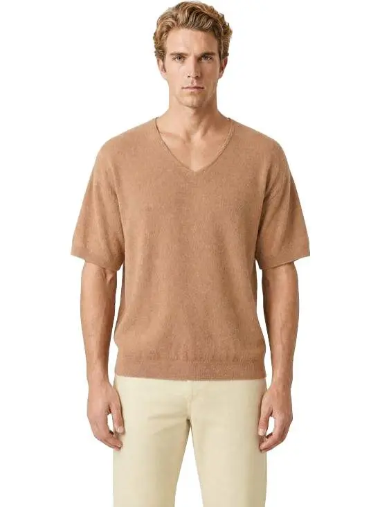 MODENAIRE Relaxed Short Sleeve V Neck Knit Sweater - Orange