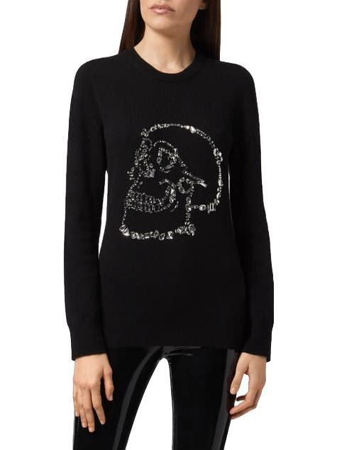Philipp Plein Pullover Round Neck Ls Look At Me Skull Crystal - Black