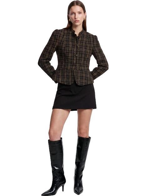 Koton Mandarin Collar Long Sleeve Plaid Tweed Jacket - Brown Check