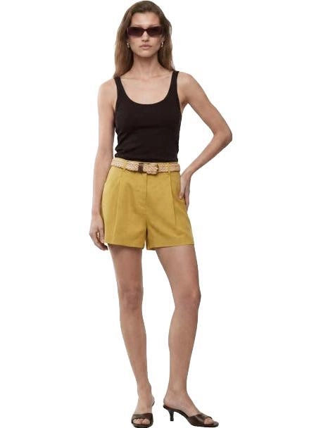 Koton Linen Blend High Rise Pleated Shorts With Belt - Khaki