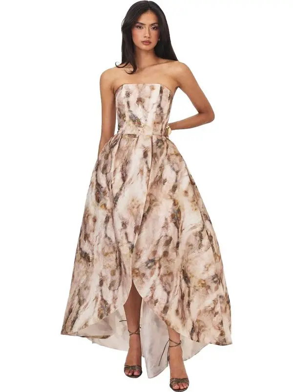 MISS CIRCLE NEW YORK Micaela Watercolor Jacquard Chiffon Dipped Hem Gown - Camel