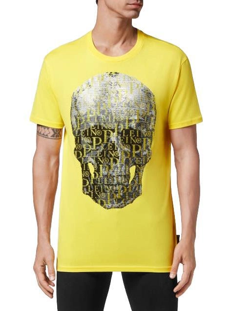 Philipp Plein T-shirt Round Neck Ss Skull And Plein With Crystals - Yellow