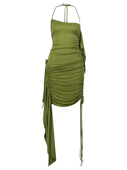 SAEMDI Mary Drawstring Halterneck Dress - Olive