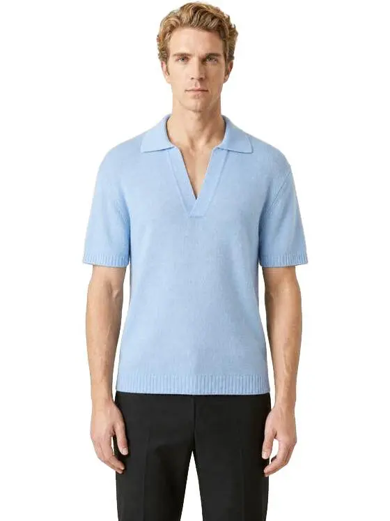 MODENAIRE Open Collar Short Sleeve Knit Polo - Light Blue