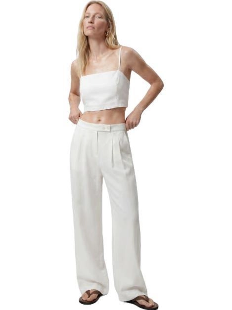 Koton Linen Blend Mid Rise Tailored Wide Leg Pants - Ecru
