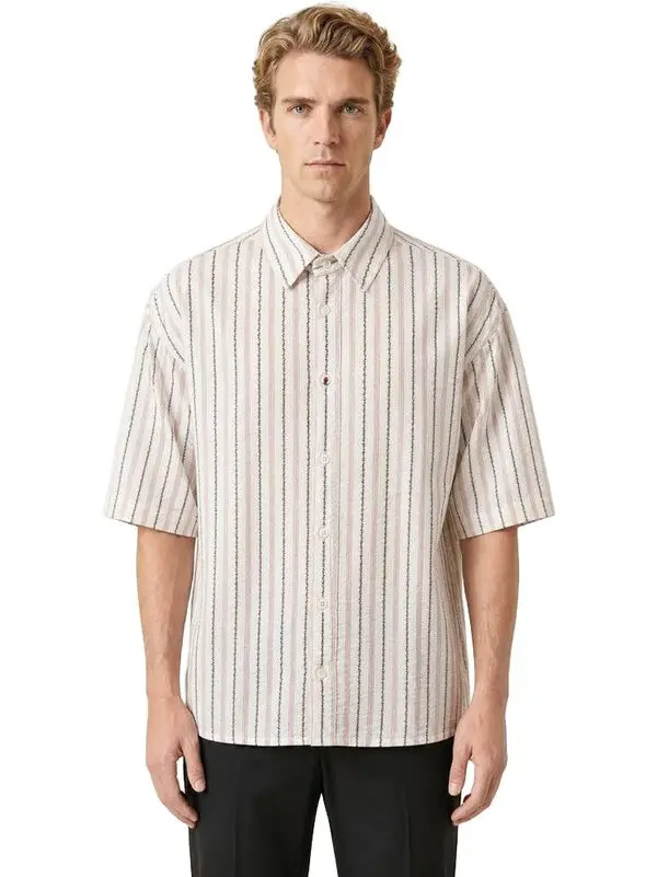 MODENAIRE Striped Embroidered Short Sleeve Button Up Shirt - Khaki