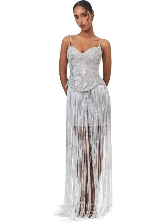 MISS CIRCLE NEW YORK Olisa Beaded Peplum Tassel Maxi Dress - Silver