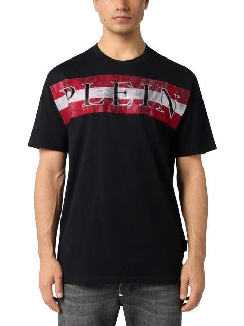 Philipp Plein Round Neck T-shirt Stripe Logo Stones - Black