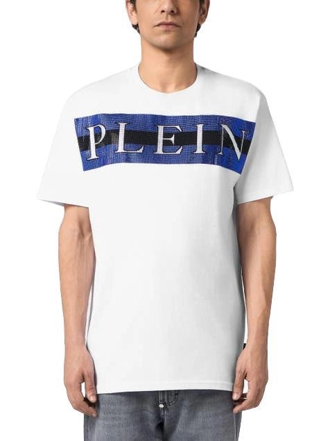 Philipp Plein Round Neck T-shirt Stripe Logo Stones - White