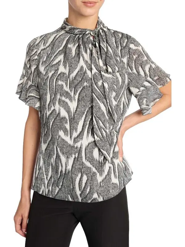 Santorelli Athena Tie Neck Blouse With Short Flutter-sleeves - Onyx Multi