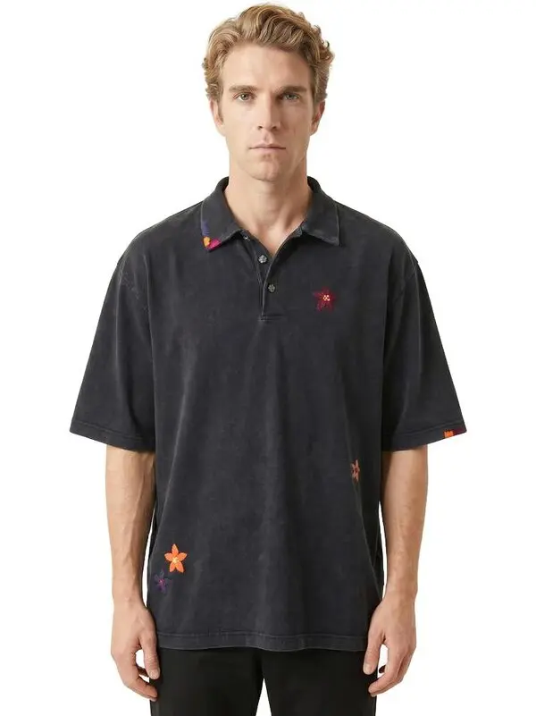MODENAIRE Relaxed Fit Floral Embroidered Polo Shirt With Washed Finish - Black