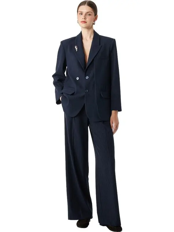 Koton Long Sleeve Double-breasted Pinstripe Blazer - Navy Stripe