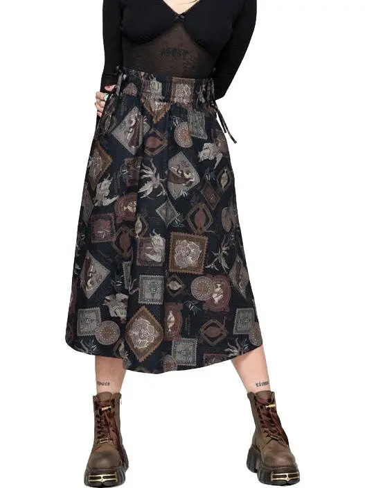 DISTURBIA Kleo Relics Print Midi Skirt - Black