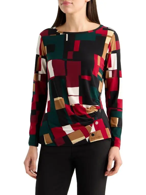 Anne Klein Geometric Print Ruched Long Sleeve Top - Black Multi