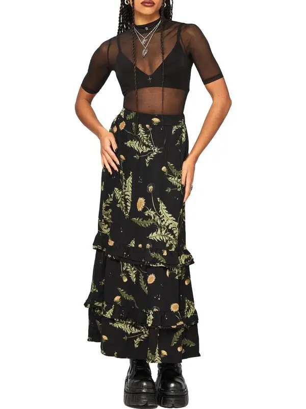 DISTURBIA Cimora Dandelion Ruffle Maxi Skirt - Black