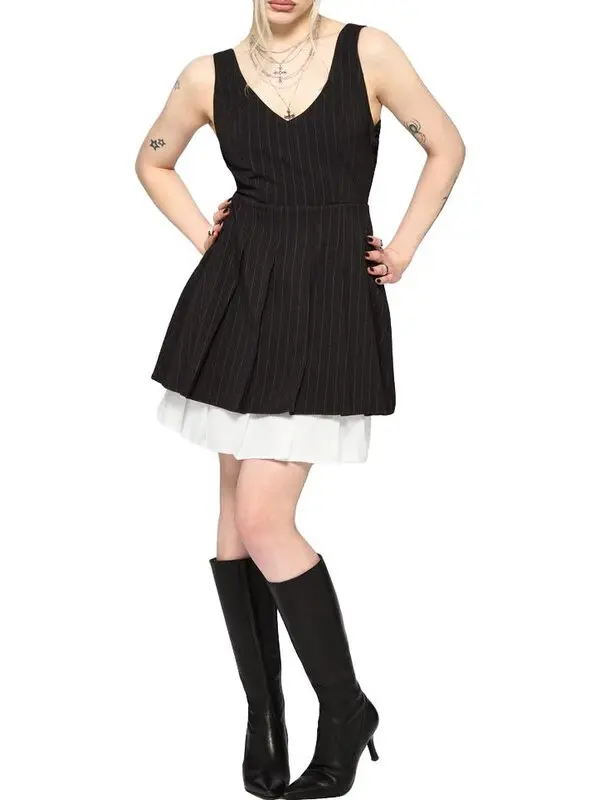 DISTURBIA Sabrina Striped Pleated Pinafore Dress - Grey