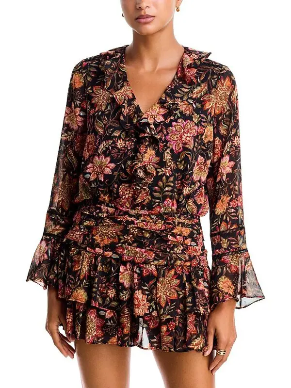Aqua Floral Print Ruffled Long Sleeve Top Exclusive - Black Multi