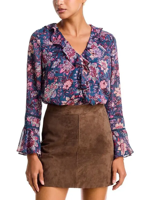 Aqua Floral Print Ruffled Long Sleeve Top Exclusive - Blue Multi