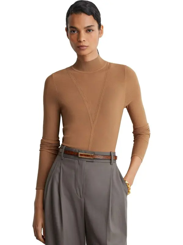 REISS Selene Sheer-detail Long-sleeve Knitted Top - Camel