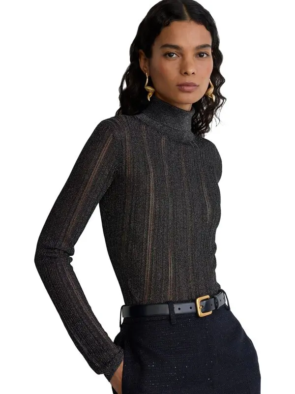 REISS Sutton Metallic Open-knit Roll-neck Top - Navy