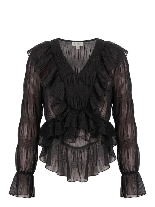 TANTRA SPAIN SL Pleated Ruffled Top With V-neck - Black