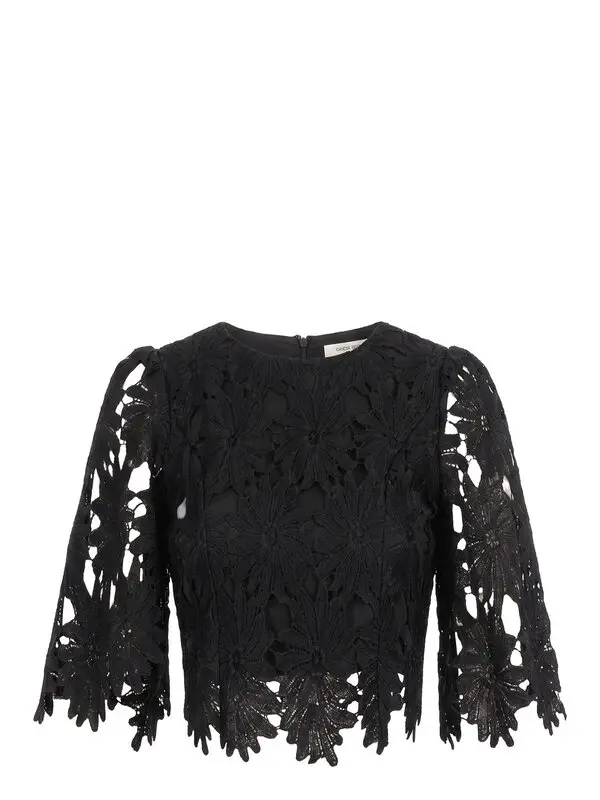TANTRA SPAIN SL Cropped Guipure Top With Lantern Sleeves - Black
