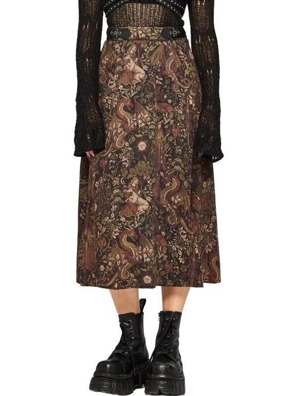 DISTURBIA Haunt Medieval Print Buckle Midi Skirt - Brown