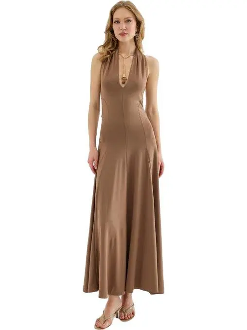 MONLICIA Isolde Halter Deep V Maxi Dress - Beige