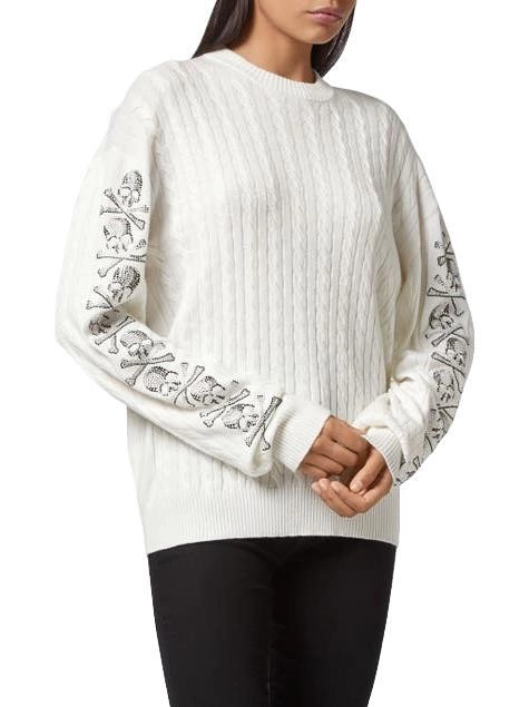Philipp Plein Cash Five Pullover Round Neck Ls Cable Crystal Skull - Cream