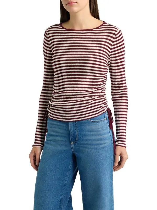 24COLOURS Stripe Drawstring Ruched Rib Top - Bordeaux