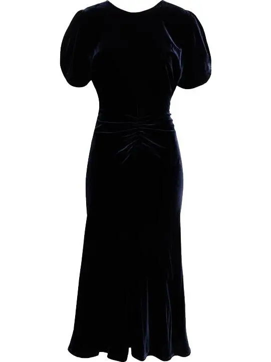 Victoria Beckham Bela Velvet Midi Dress - Navy