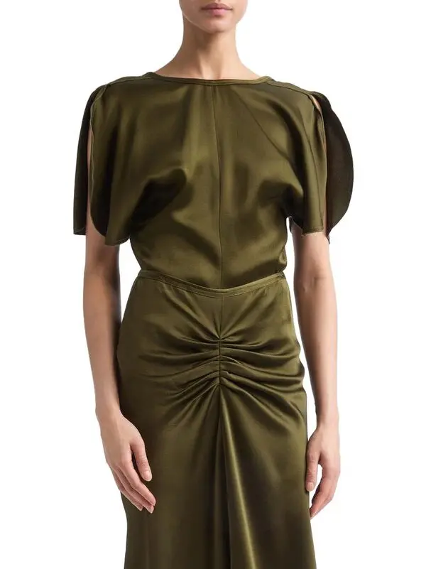 Victoria Beckham Bela Flutter Sleeve Satin Top - Marsh Green